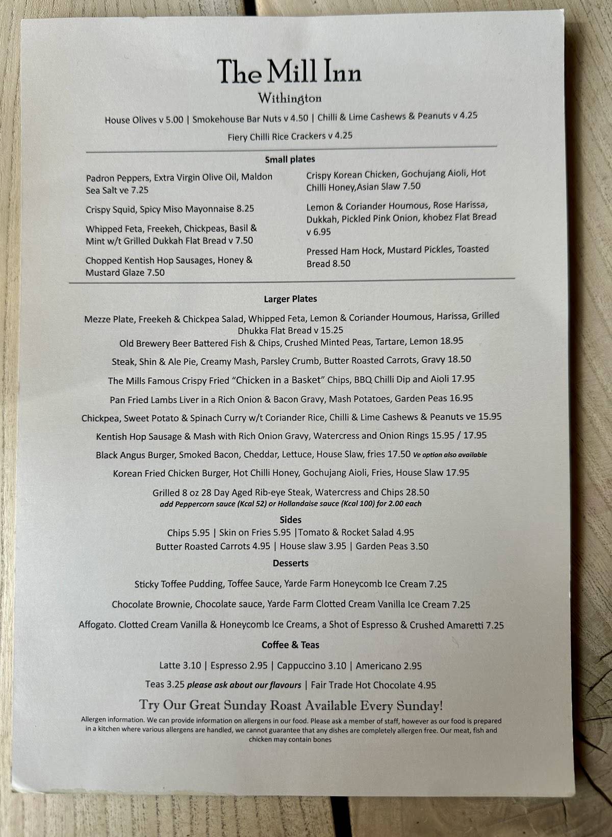 Menu at Mill Inn pub & bar, Chedworth, Withington