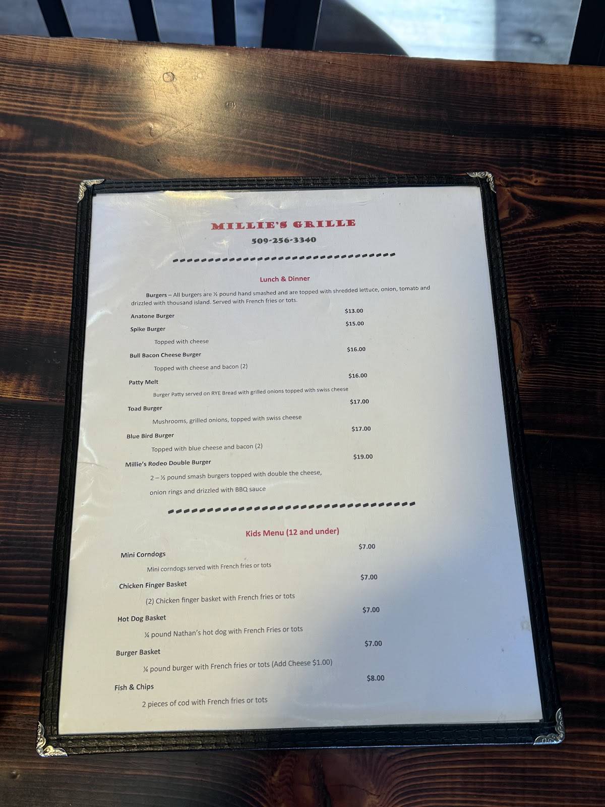 Menu at Millie's Grille restaurant, Anatone