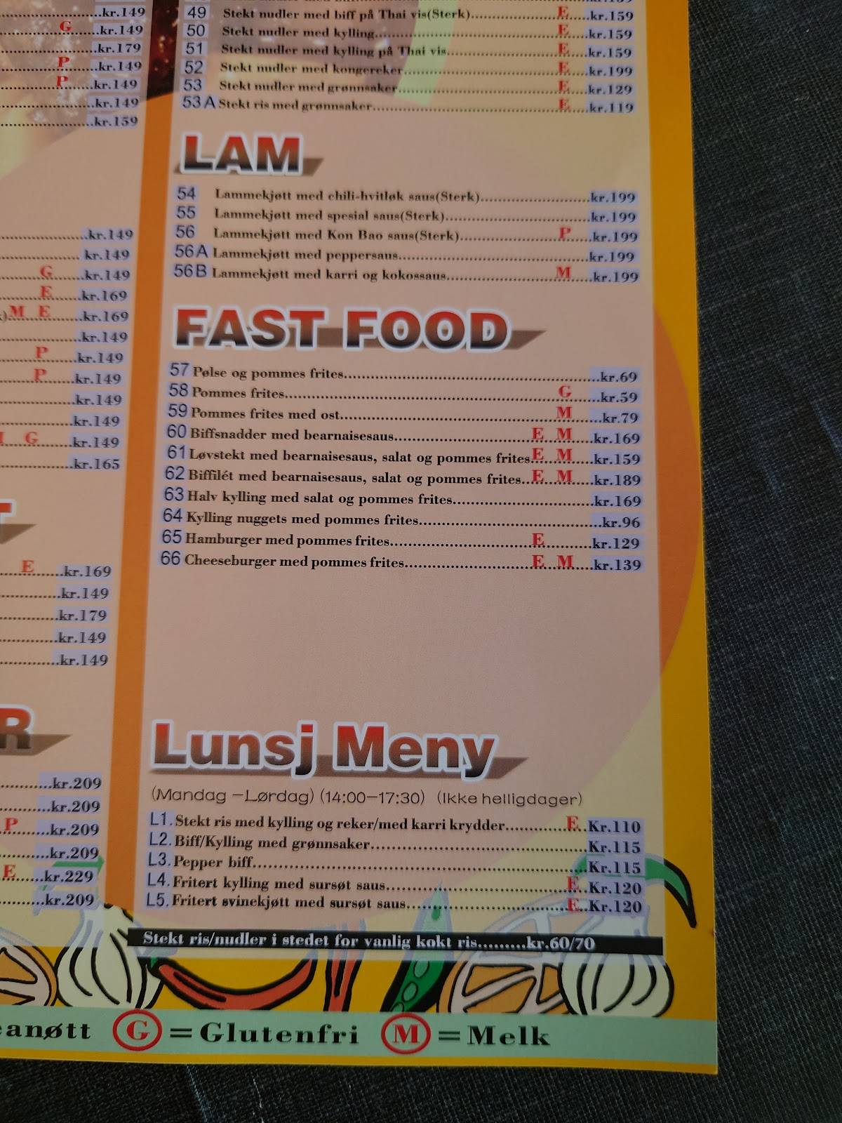 Menu at Ming Sing restaurant, Ålgård