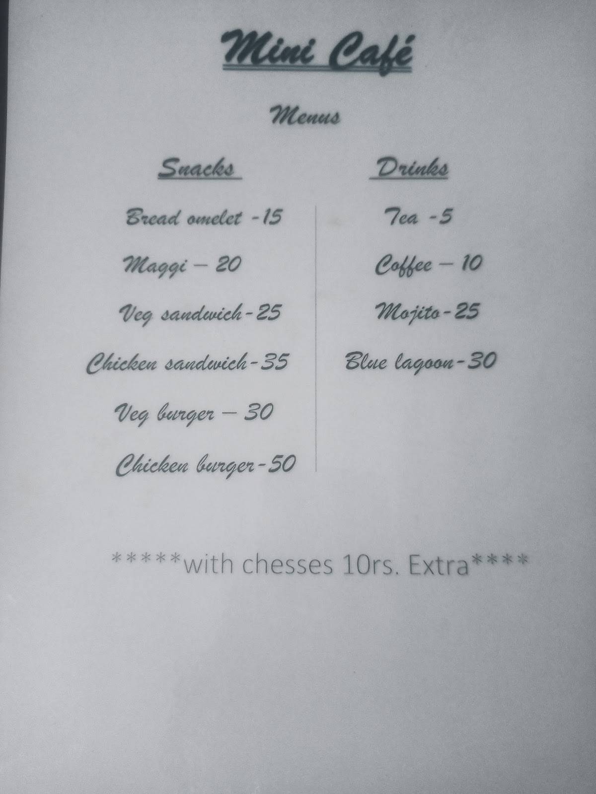 Menu at Mini cafe, Ranchi