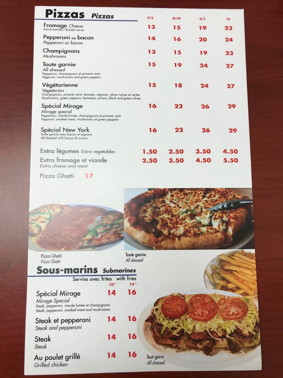 Menu au Mirage New York - Breakfast - Lunch - Dinner restaurant, Laval