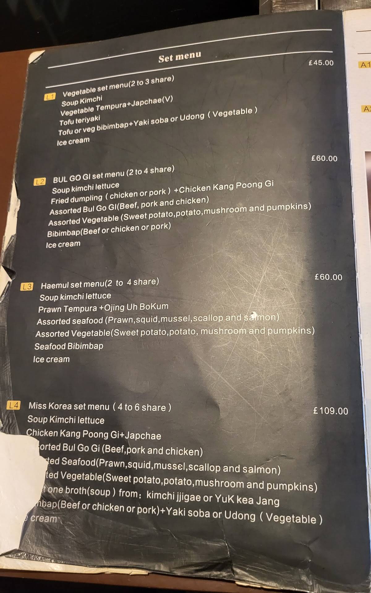 Menu at Miss Korea restaurant, Birmingham