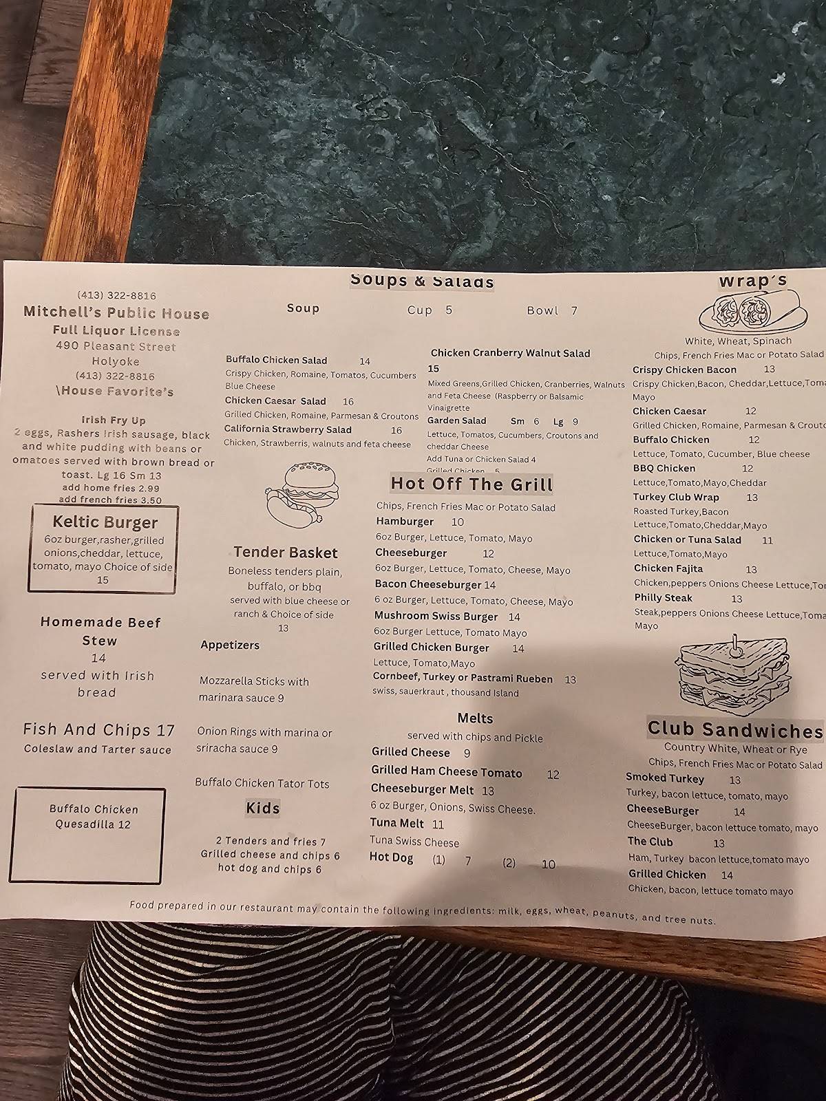 Menu at Mitchell's Public House, Holyoke
