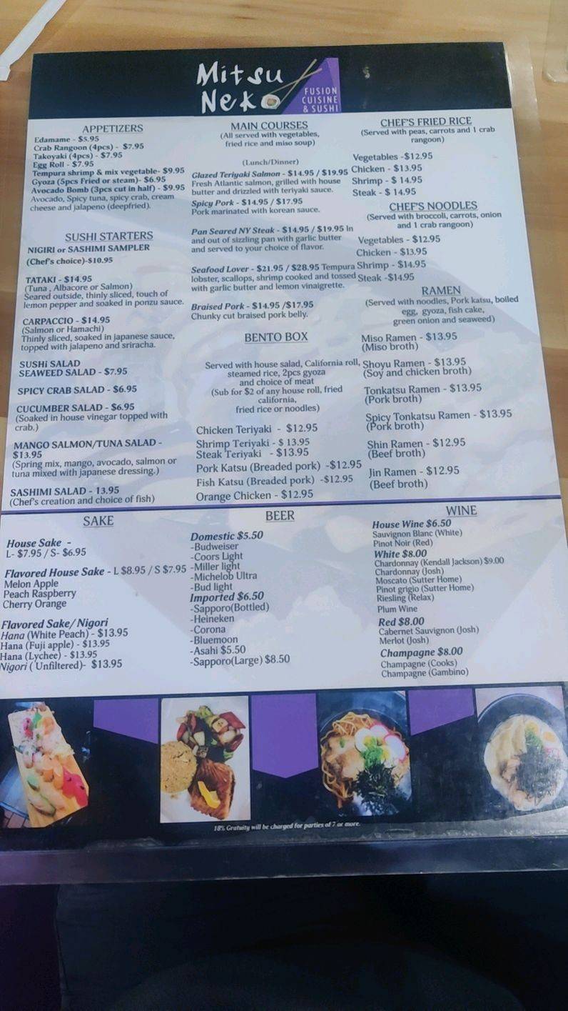 Menu at Mitsu Neko Fusion Cuisine & Sushi restaurant, Branson