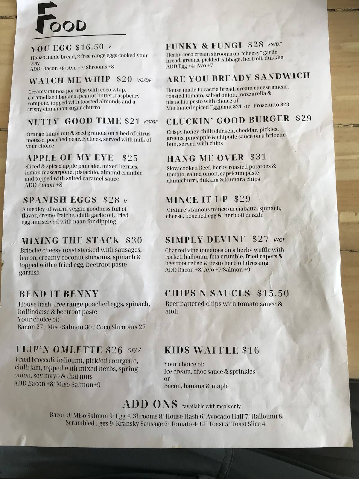 Menu at Mixture Eatery cafe, Tauranga
