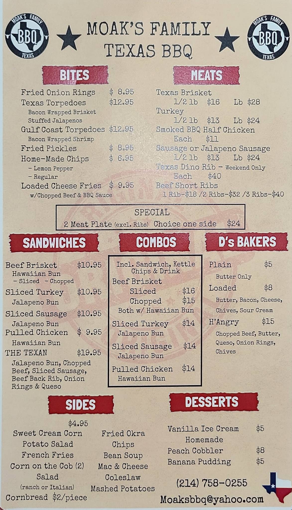 Menu at Moak's Family Texas BBQ, Dallas