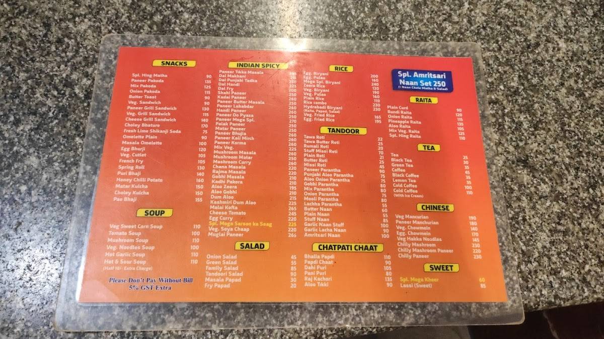 Menu at Moga Punjabi Tadka, Gajraula, National Highway 24