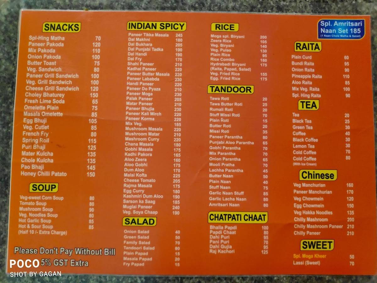 Menu at Moga Punjabi Tadka, Gajraula, National Highway 24