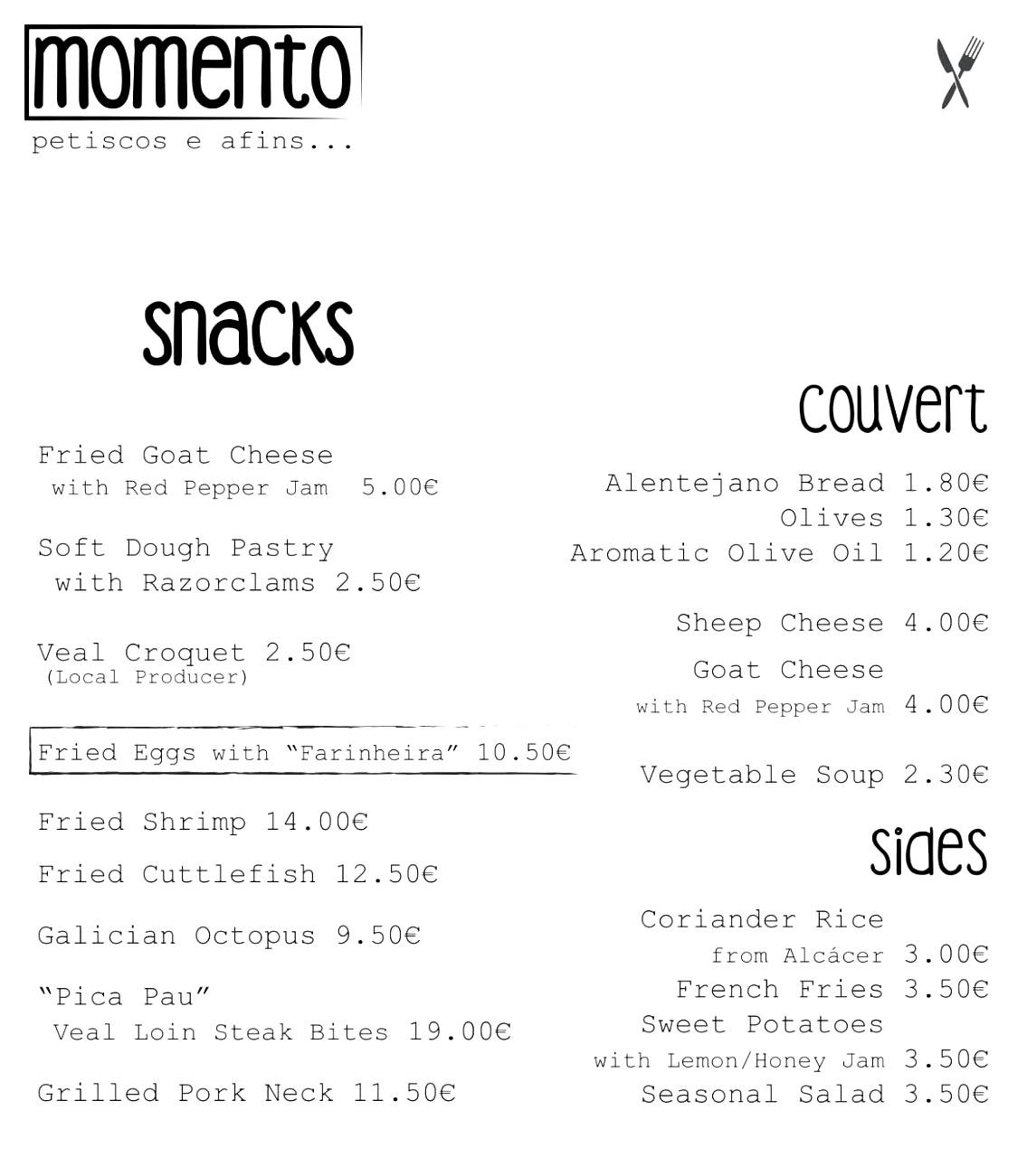 Menu at Momento pub & bar, Alcácer do Sal