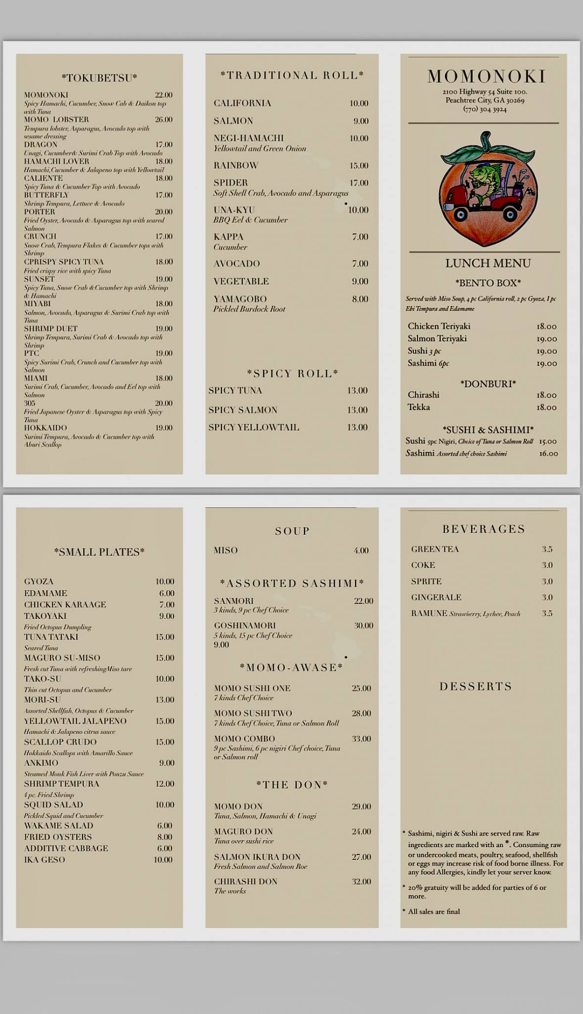 Menu at Momonoki PTC restaurant, Peachtree City