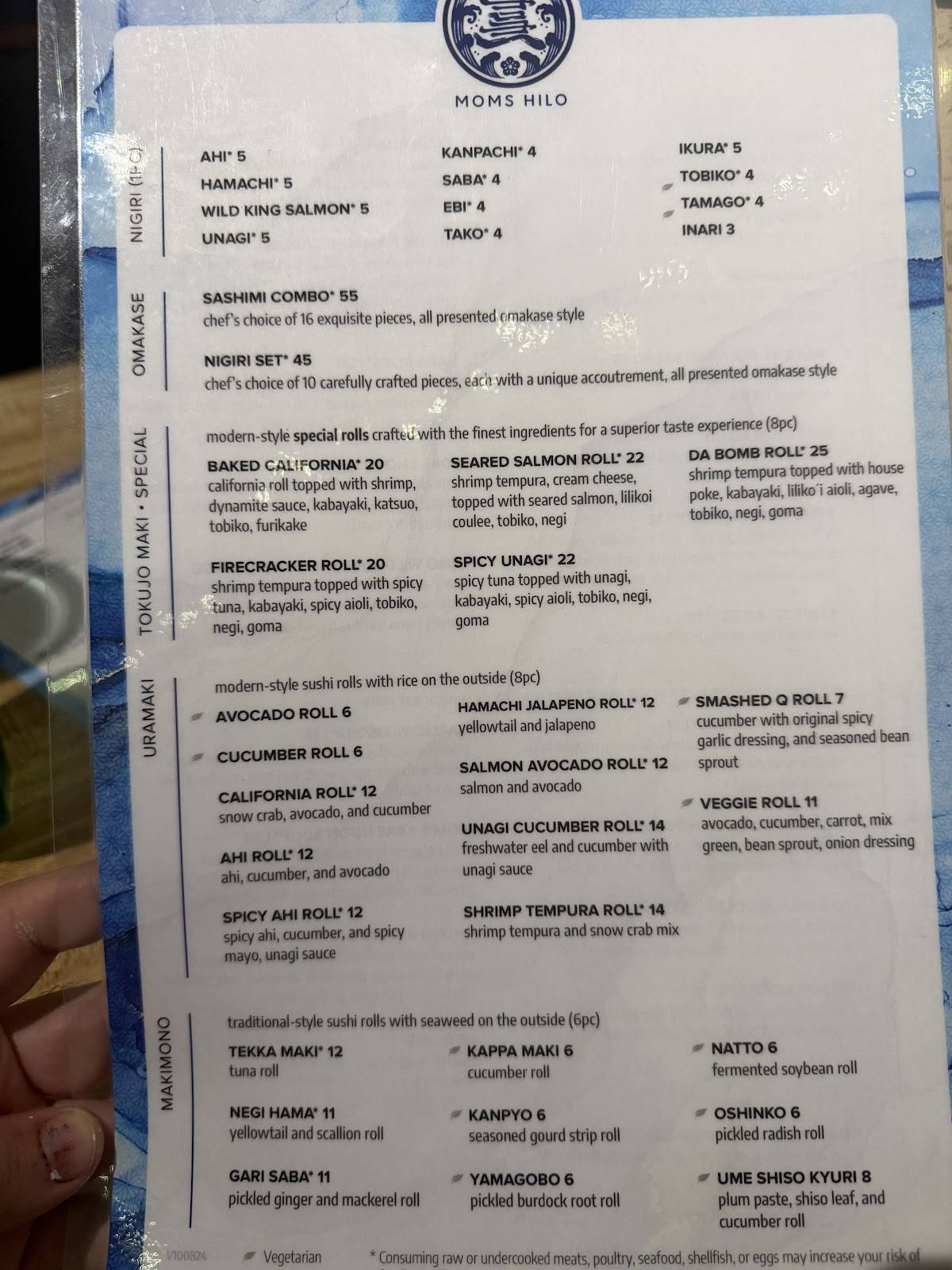 Menu at Moms Hilo restaurant, Hilo