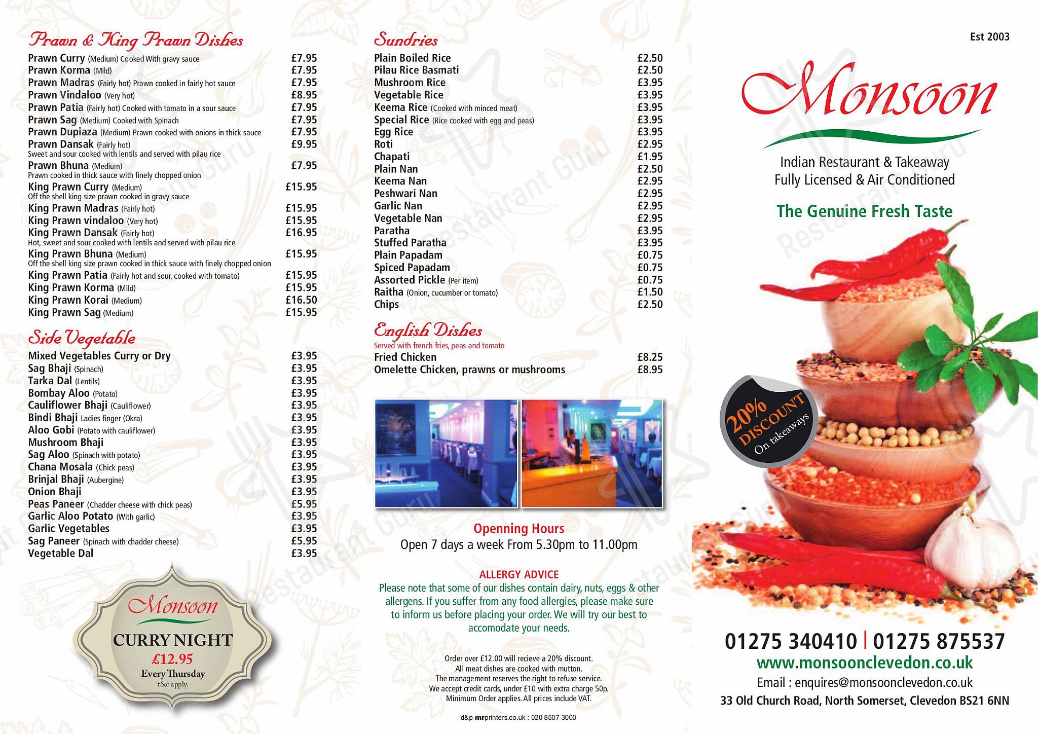 Menu at Monsoon restaurant, Clevedon
