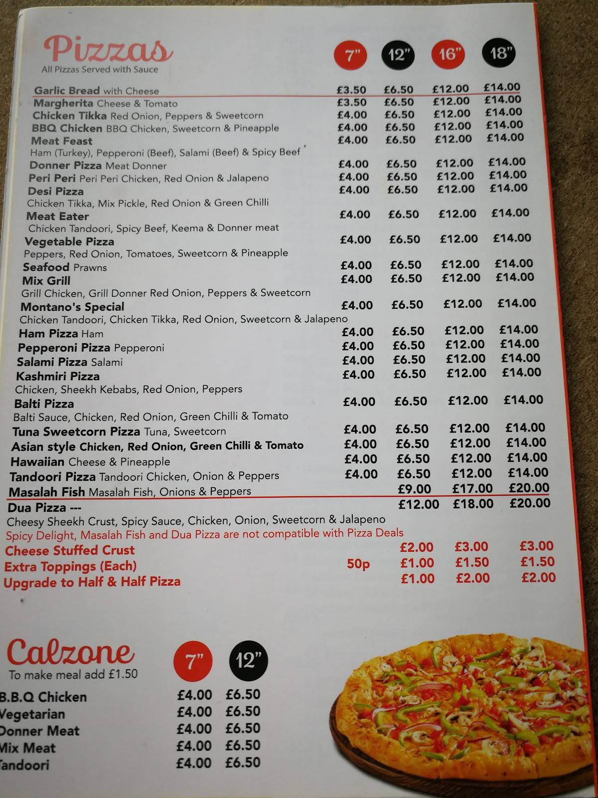 Menu at Montano’s Takeaway pizzeria, Dewsbury