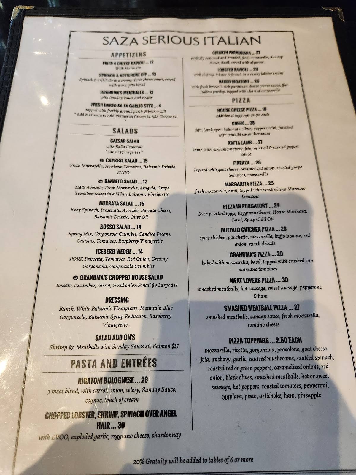 Menu at SaZa Serious Italian Food restaurant, Montgomery, 130 Commerce St
