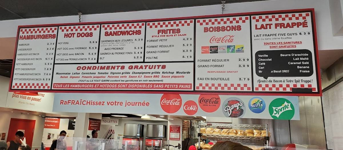 Menu at Five Guys fast food, Montréal, 468 McGill St