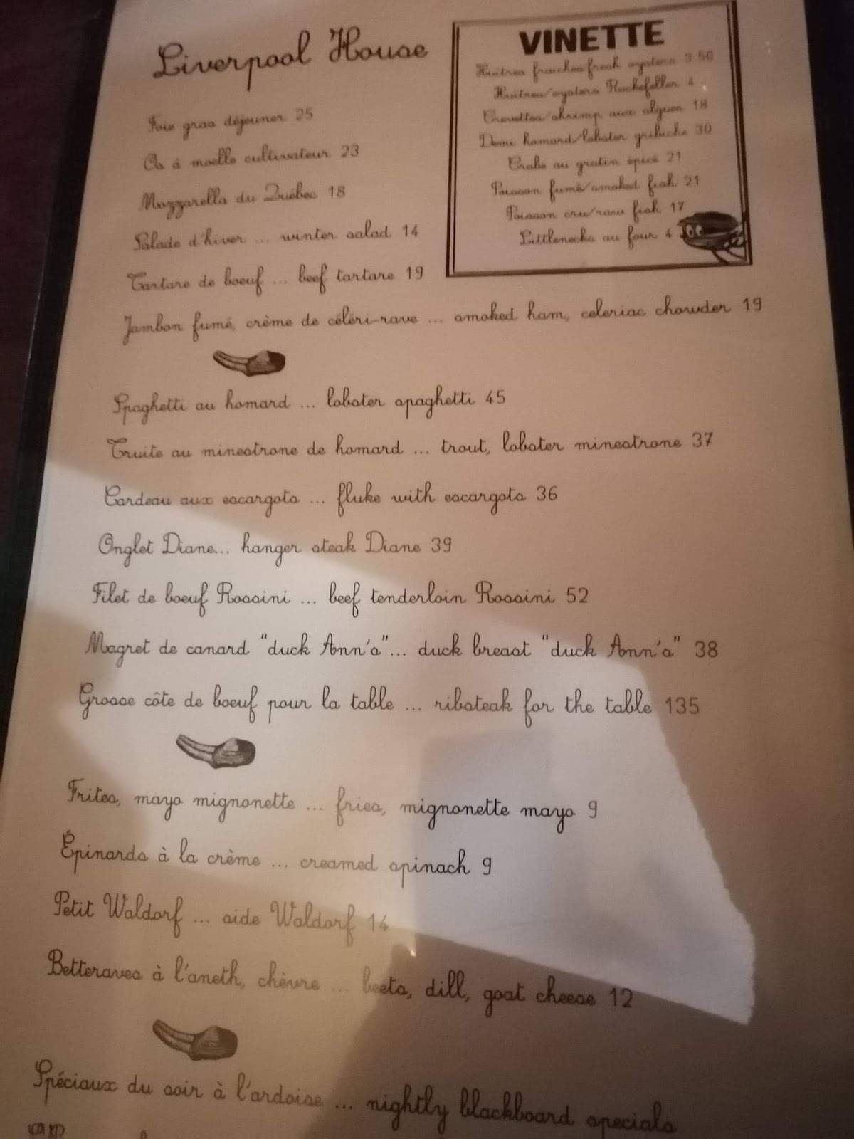 Menu at Liverpool House restaurant, Montréal