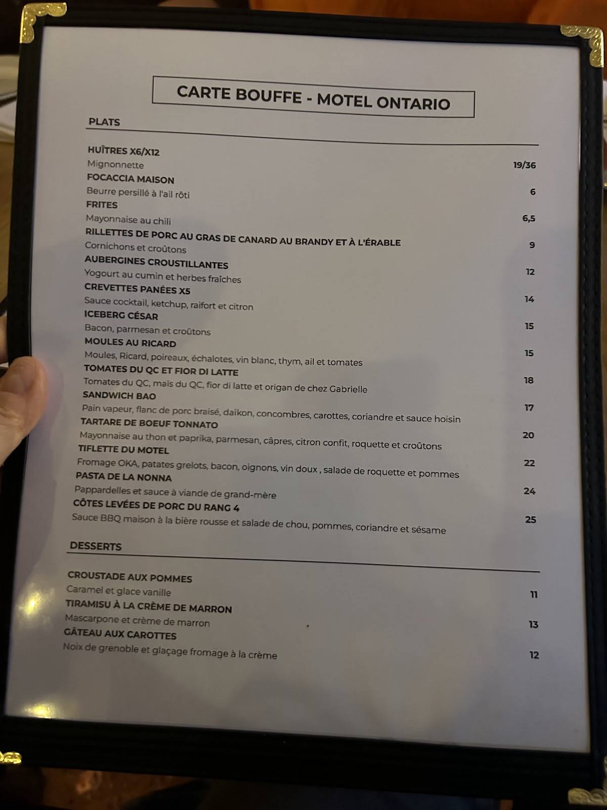 Menu au Motel Ontario restaurant, Montréal