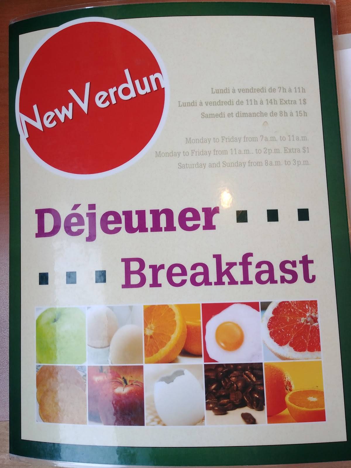 Menu au Nouveau Verdun restaurant, Montréal