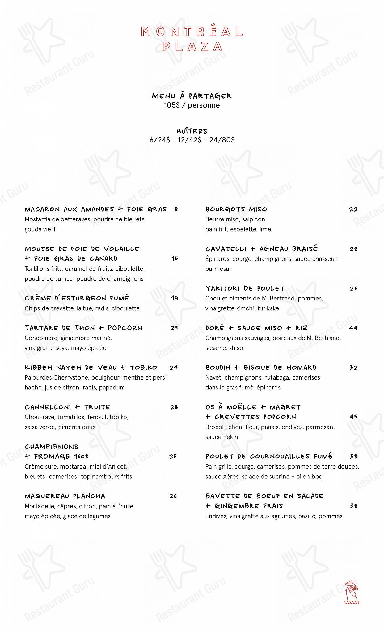 Menu au Montréal Plaza restaurant, Montréal, Rue St-Hubert