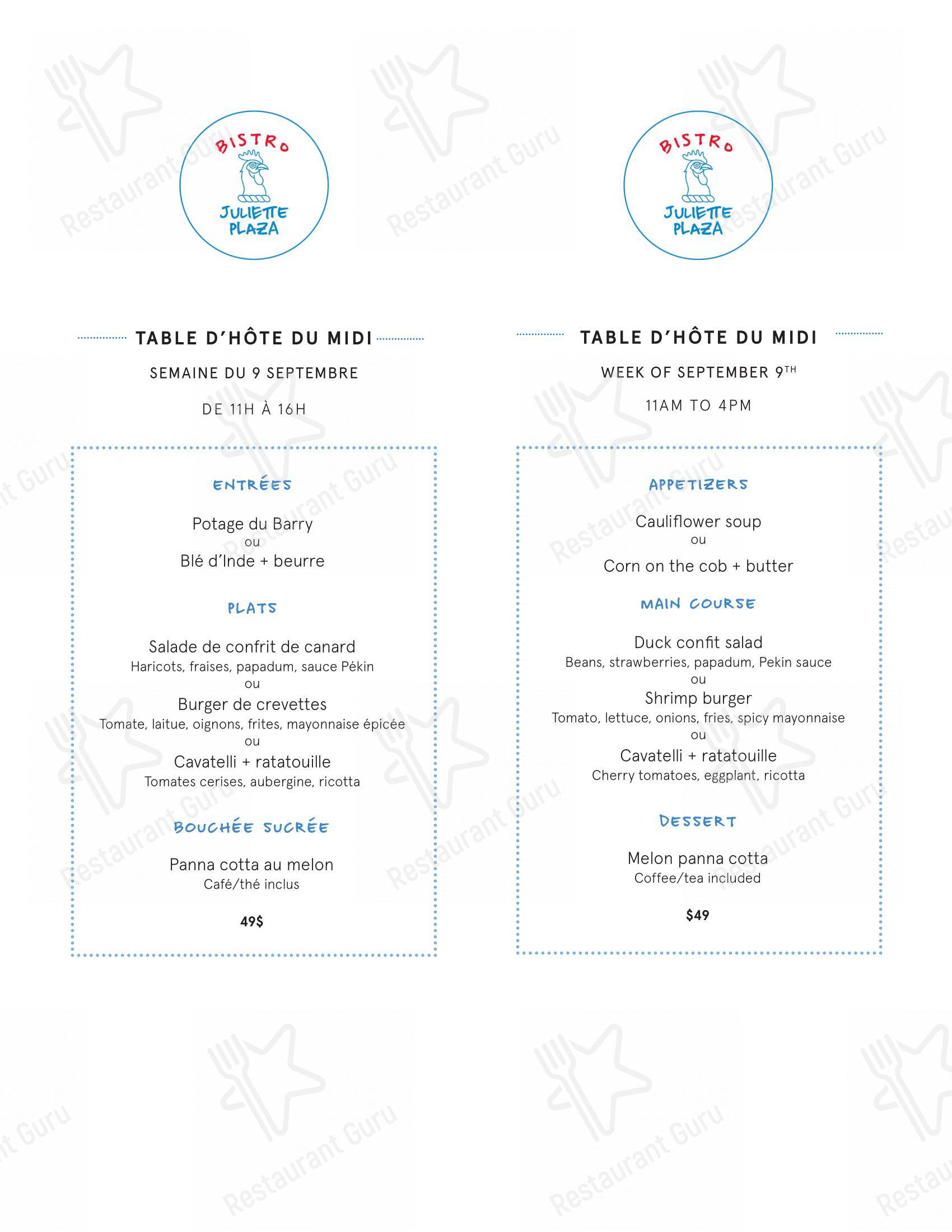 Menu at Montréal Plaza restaurant, Montréal, Rue St-Hubert