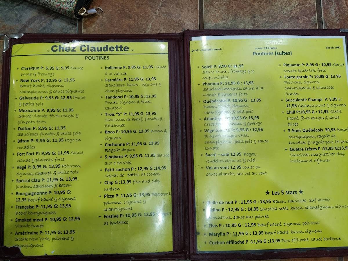 Menu at Restaurant Chez Claudette, Montréal