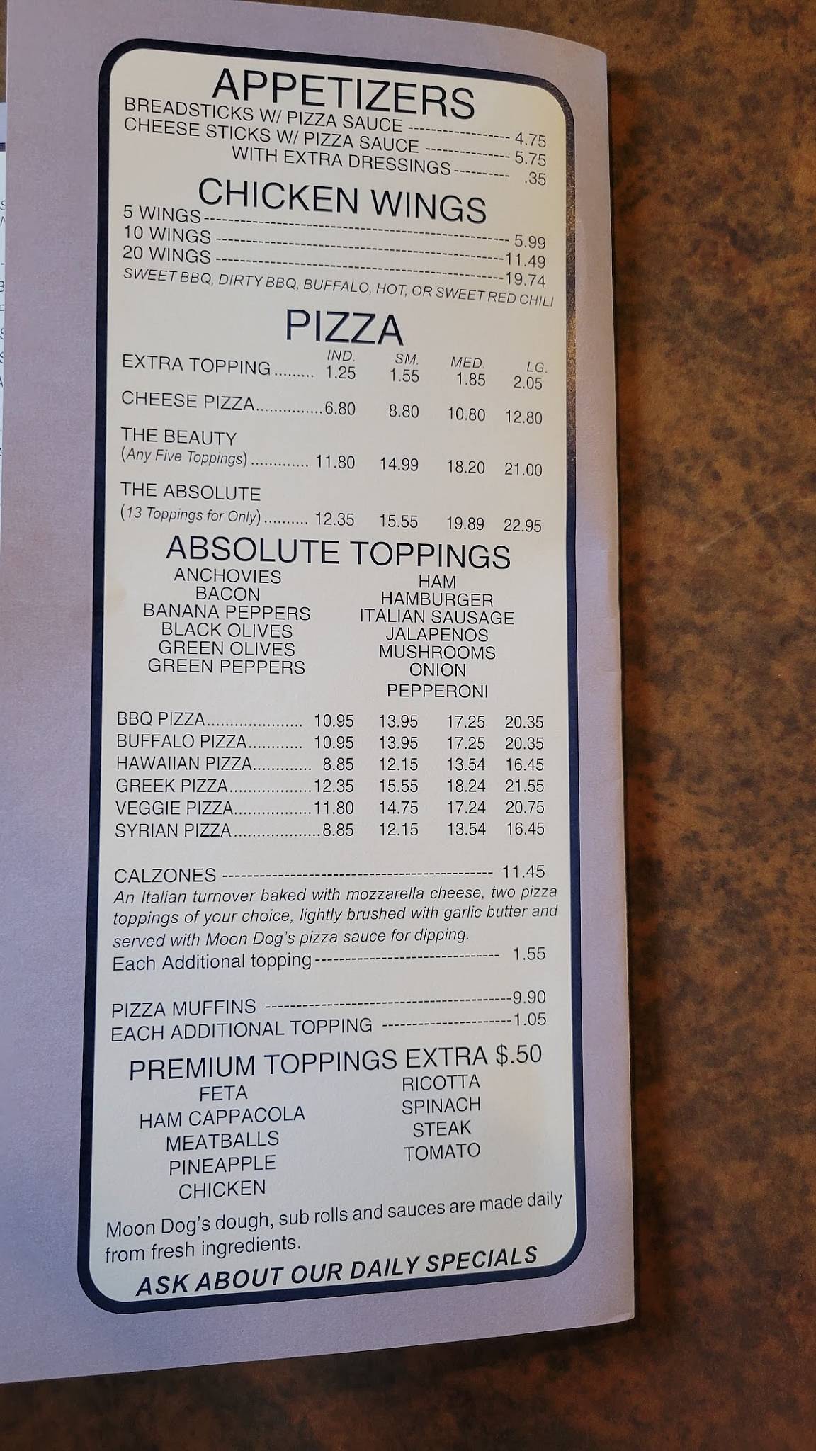 Menu at Moon Dog Brick Oven - Wise, VA pizzeria, Wise