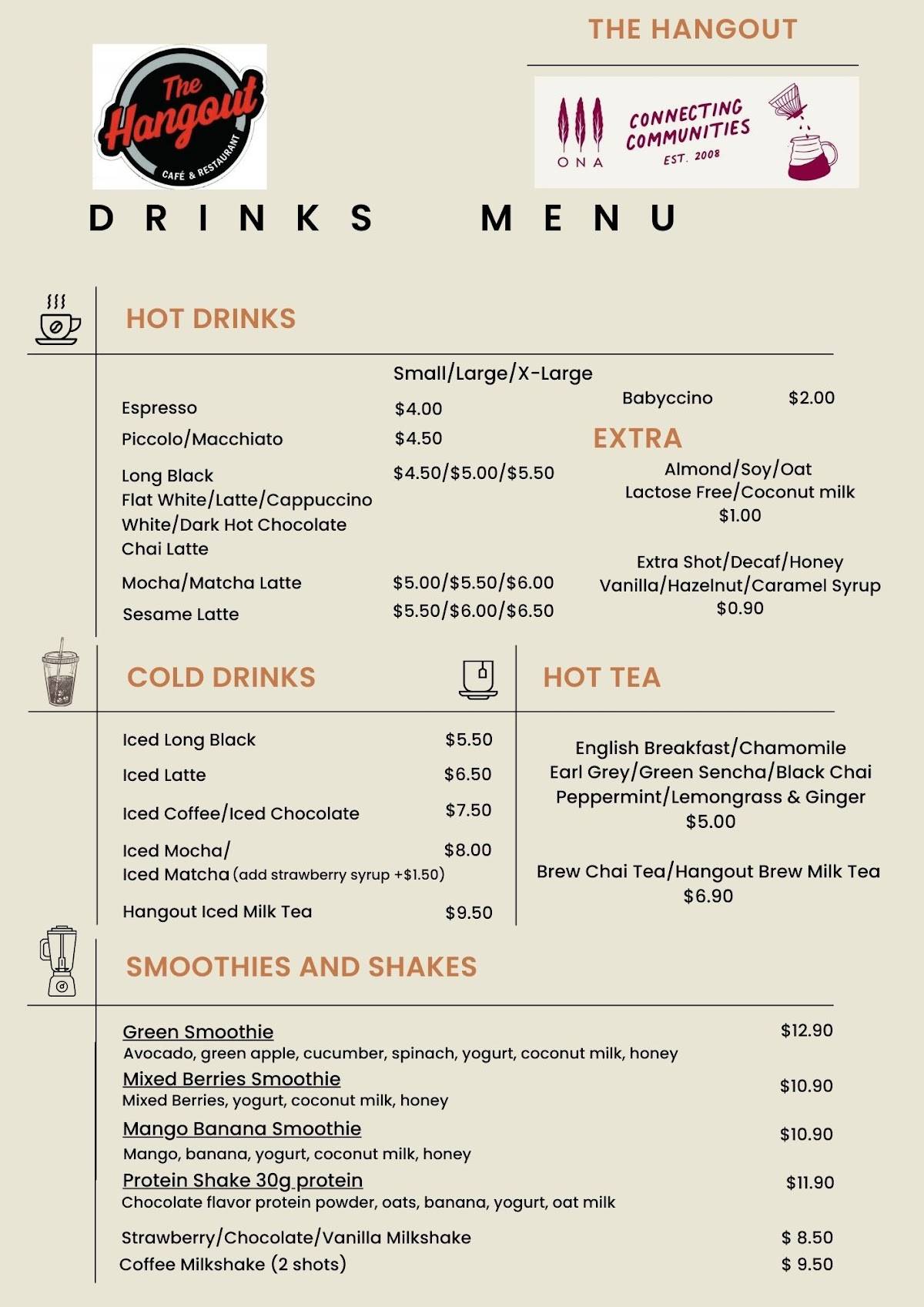 Menu at The Hangout Cafe and Restaurant, Moonah