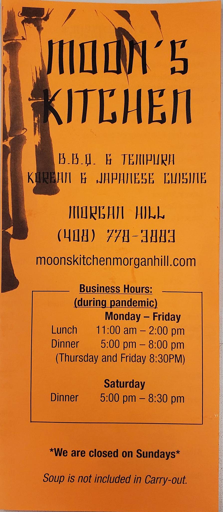 Menu at Moon's Kitchen restaurant, Morgan Hill
