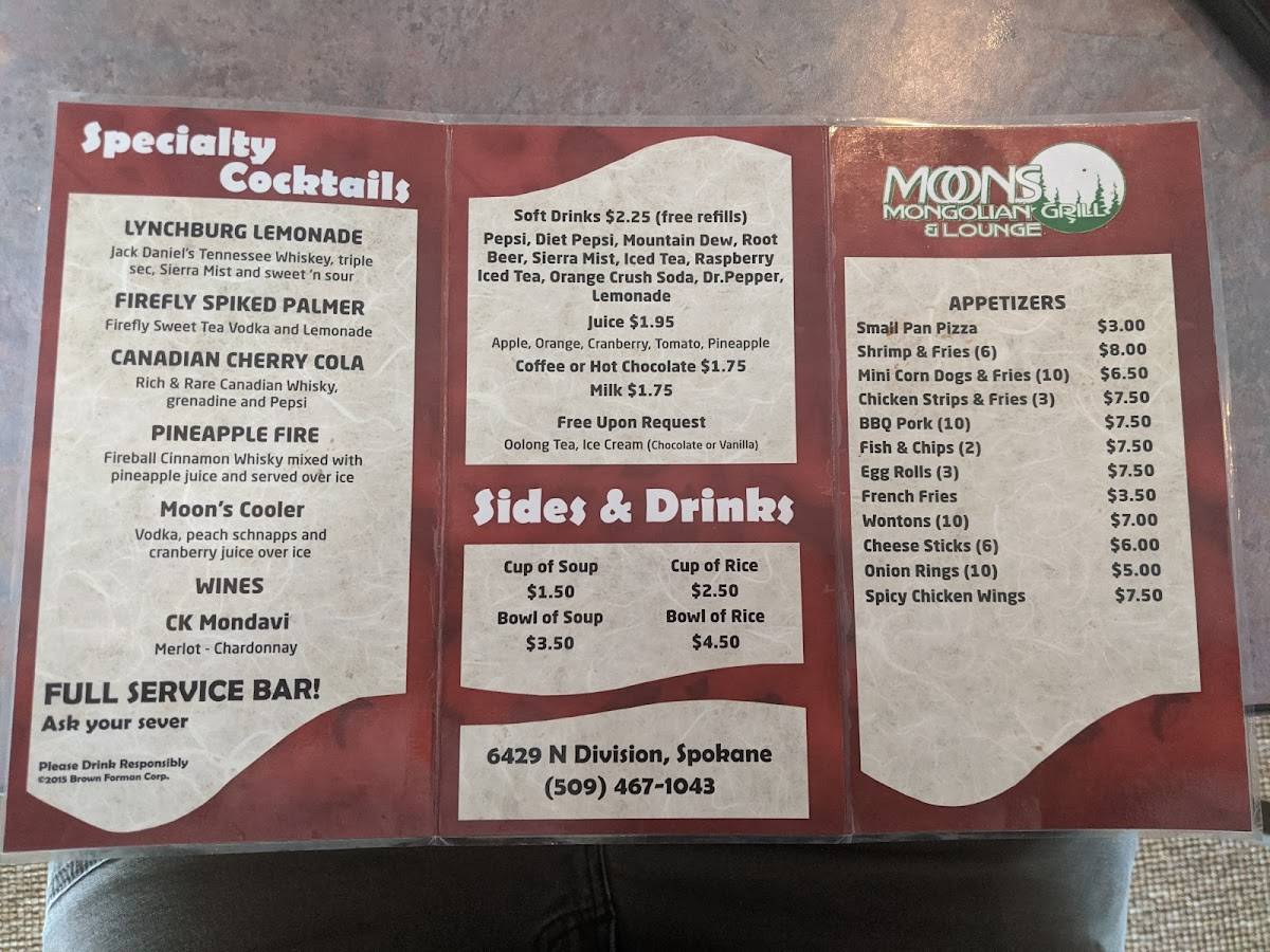 Menu at Moon's Mongolian Grill restaurant, Spokane