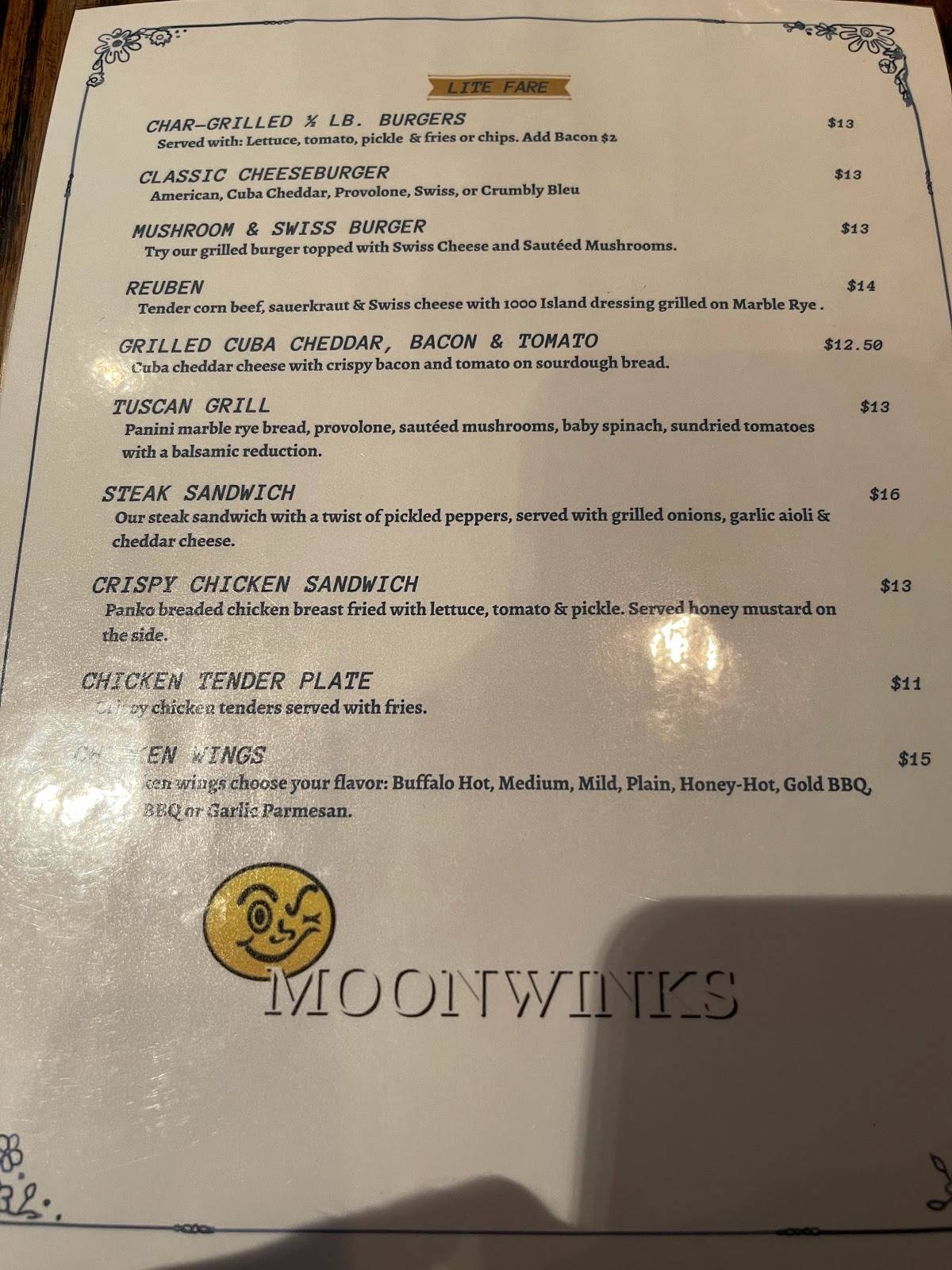 Menu at Moonwinks restaurant, Cuba
