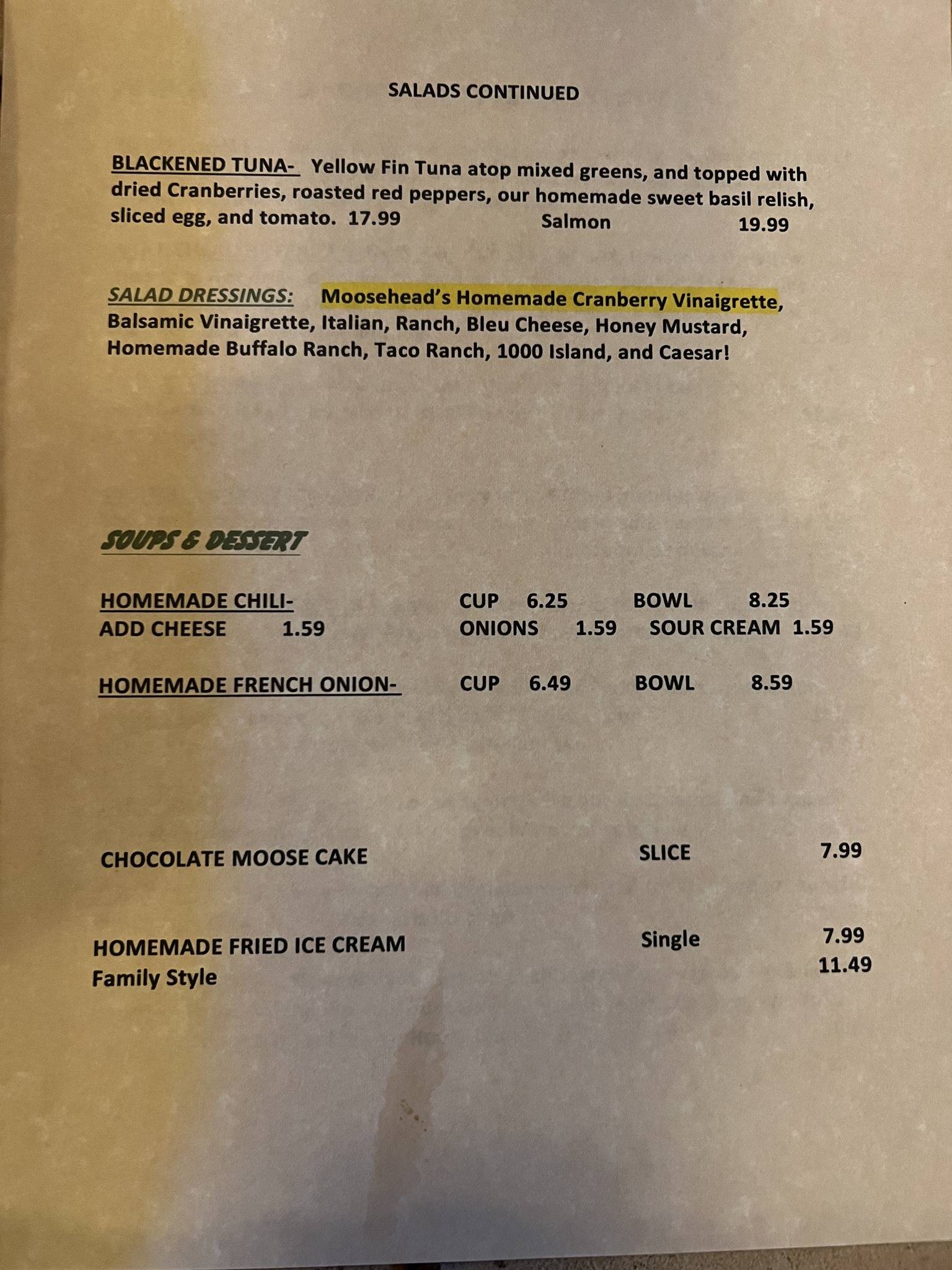 Menu at Moosehead Saloon pub & bar, Westlake