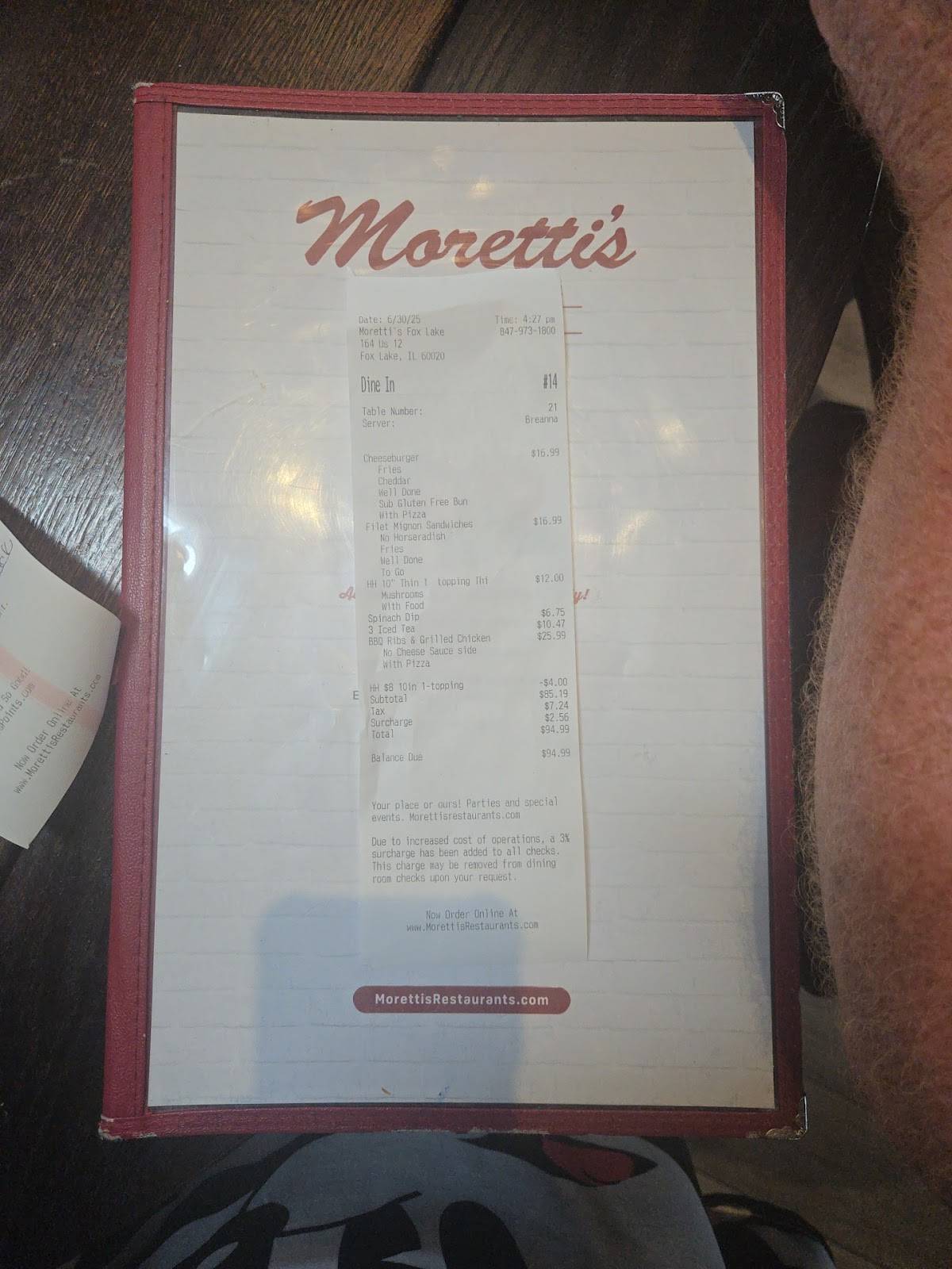 Menu at Moretti's Ristorante & Pizzeria FL, Fox Lake