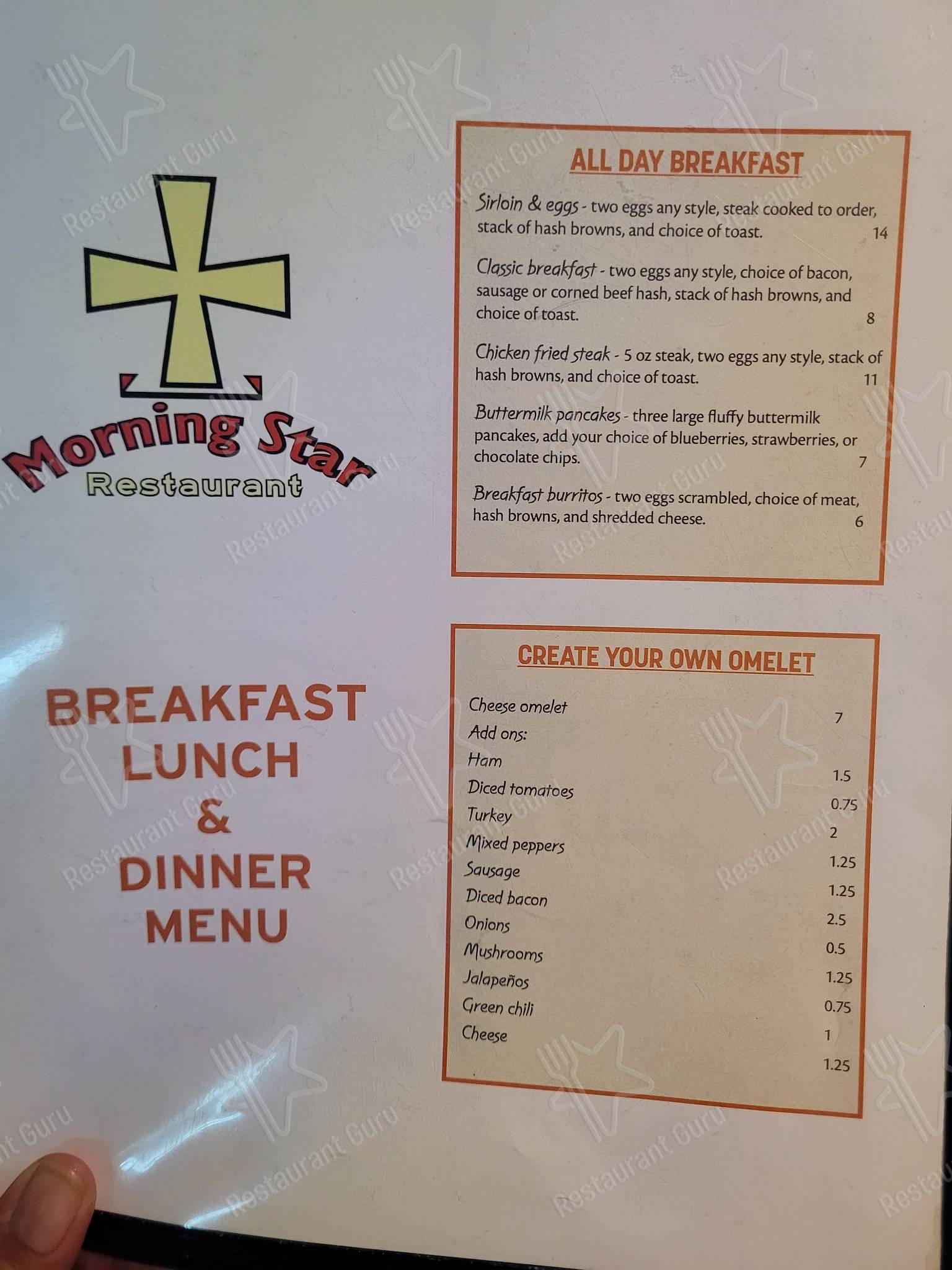 Menu at Morning Star Restaurant, Ethete