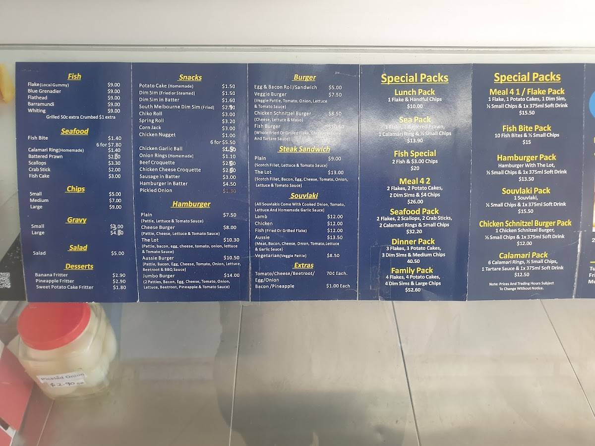 Menu at Mornington Park Fish & Chips restaurant, Mornington
