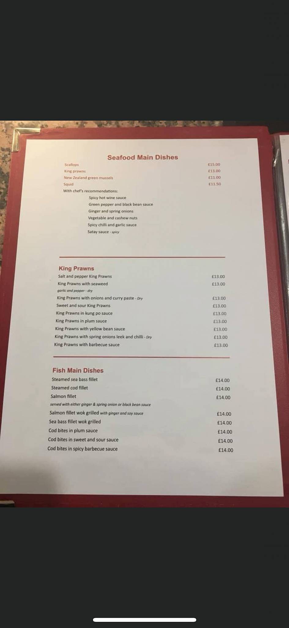 Menu at Mulan restaurant, Morpeth