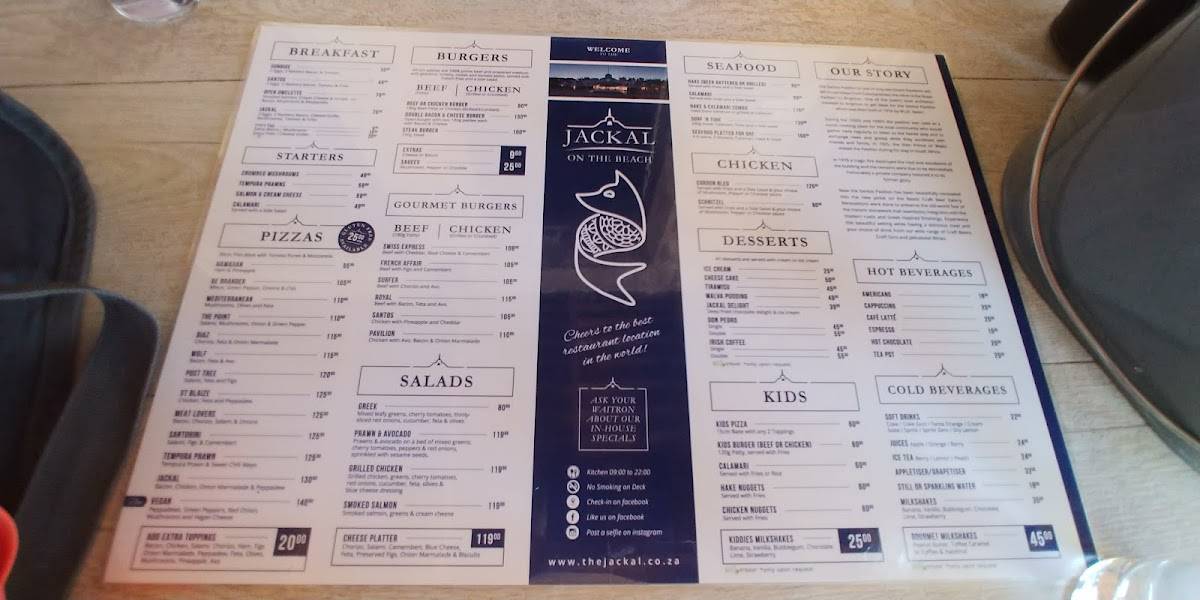 Menu at Pavilion Restaurant / Jackal on the Beach, Mossel Bay