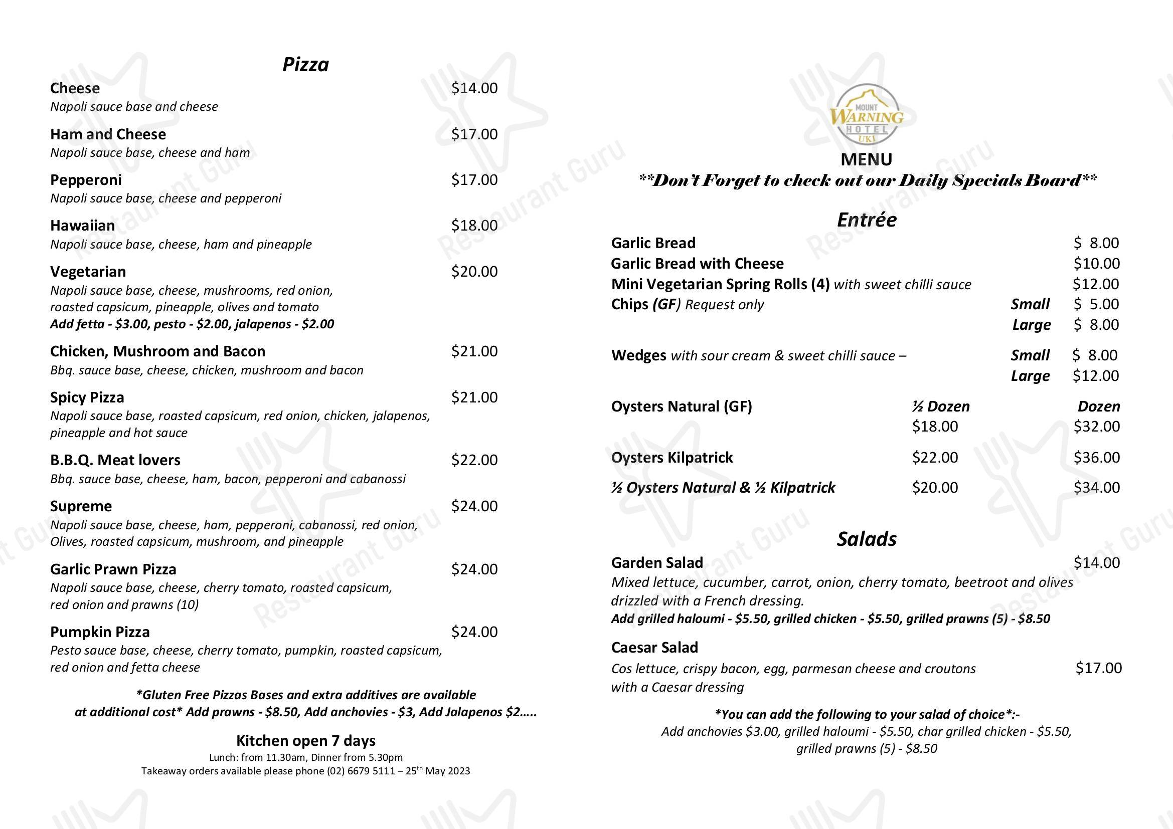 Menu at Mount Warning Hotel pub & bar, Uki