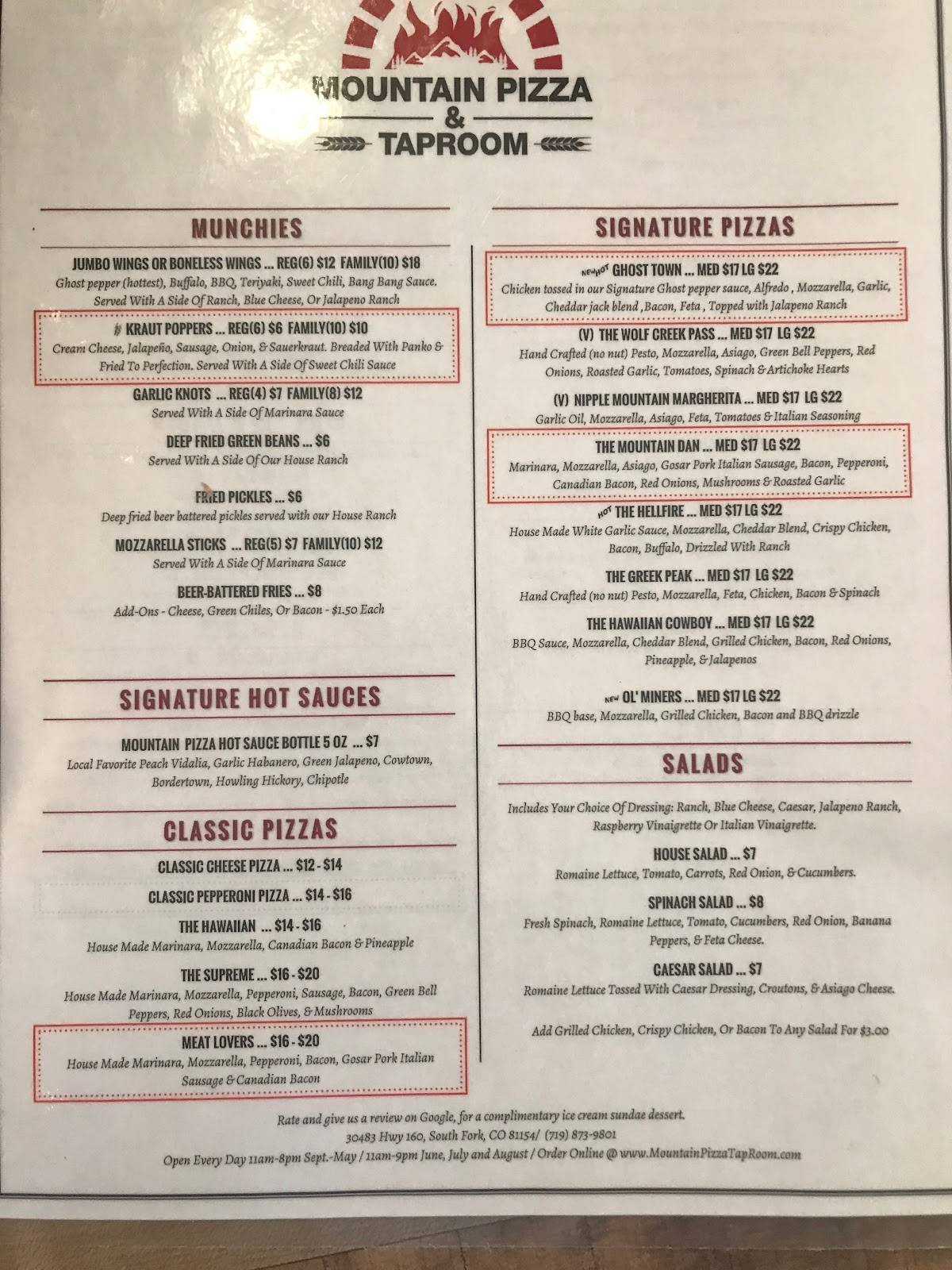Menu at Mountain Pizza & Taproom pizzeria, South Fork