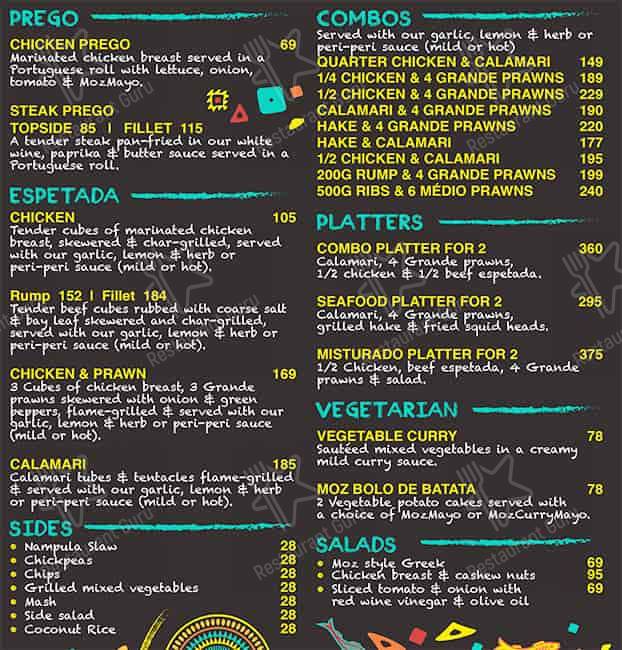 Menu at Mozambik Chatsworth restaurant, Berea, SHOP 107