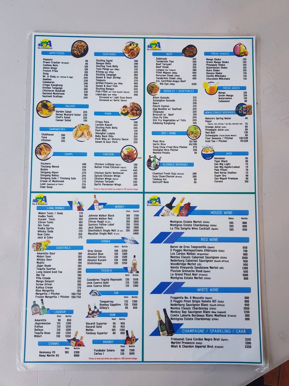 Menu at Mr. A Bar & Restaurant, Cebu City