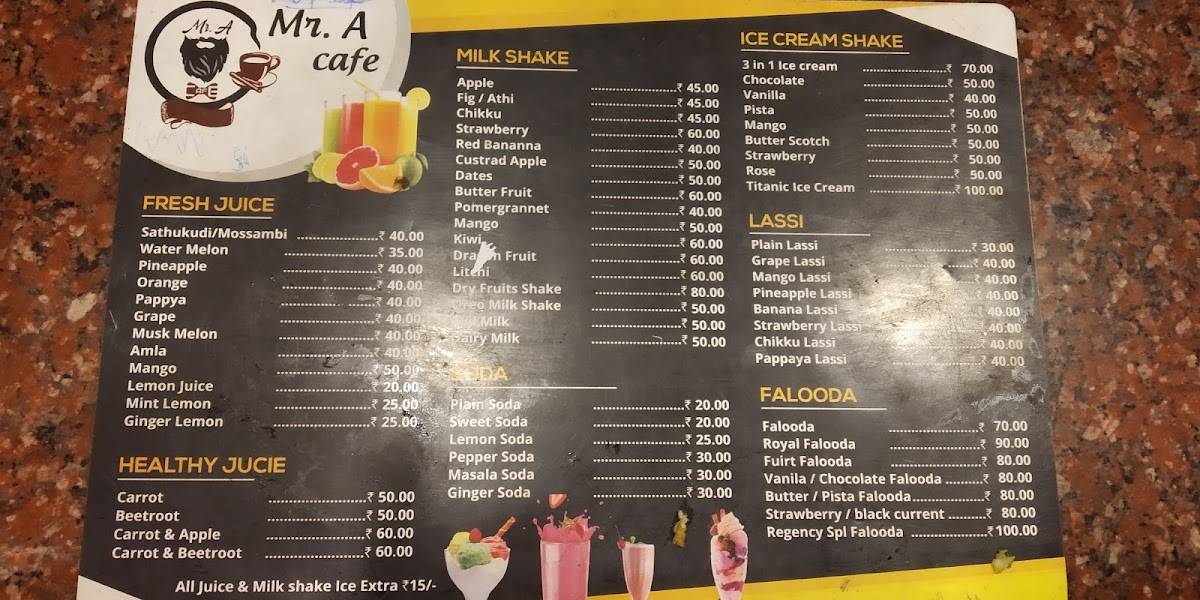Menu at Mr.A Cafe, Chennai