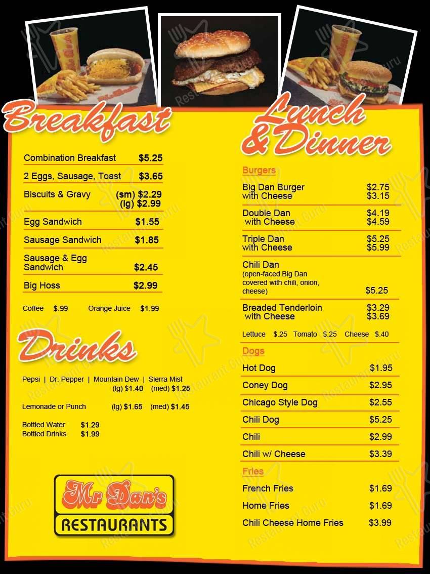 Menu at Mr. Dan's restaurant, Indianapolis, Lafayette Rd