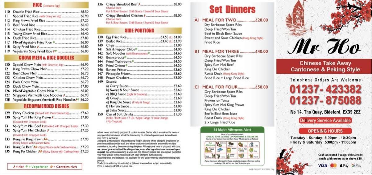 Menu at Mr Ho Chinese Takeaway fast food, Bideford