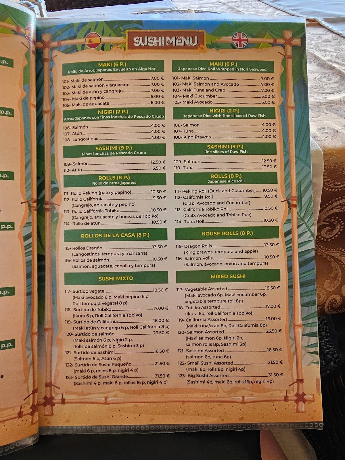 Menu at Mr. PANDA restaurant, Playa Blanca