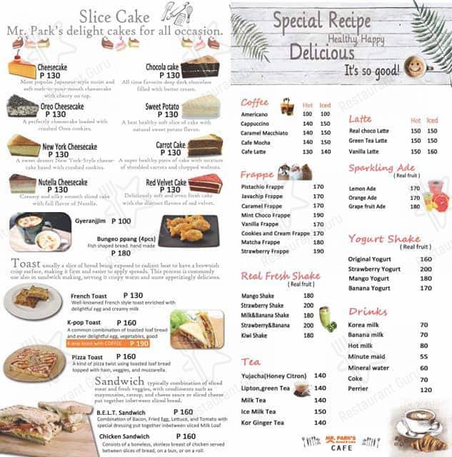 Menu at Mr. Park's Bread & Cake cafe, Manila, Jorge Bocobo Street