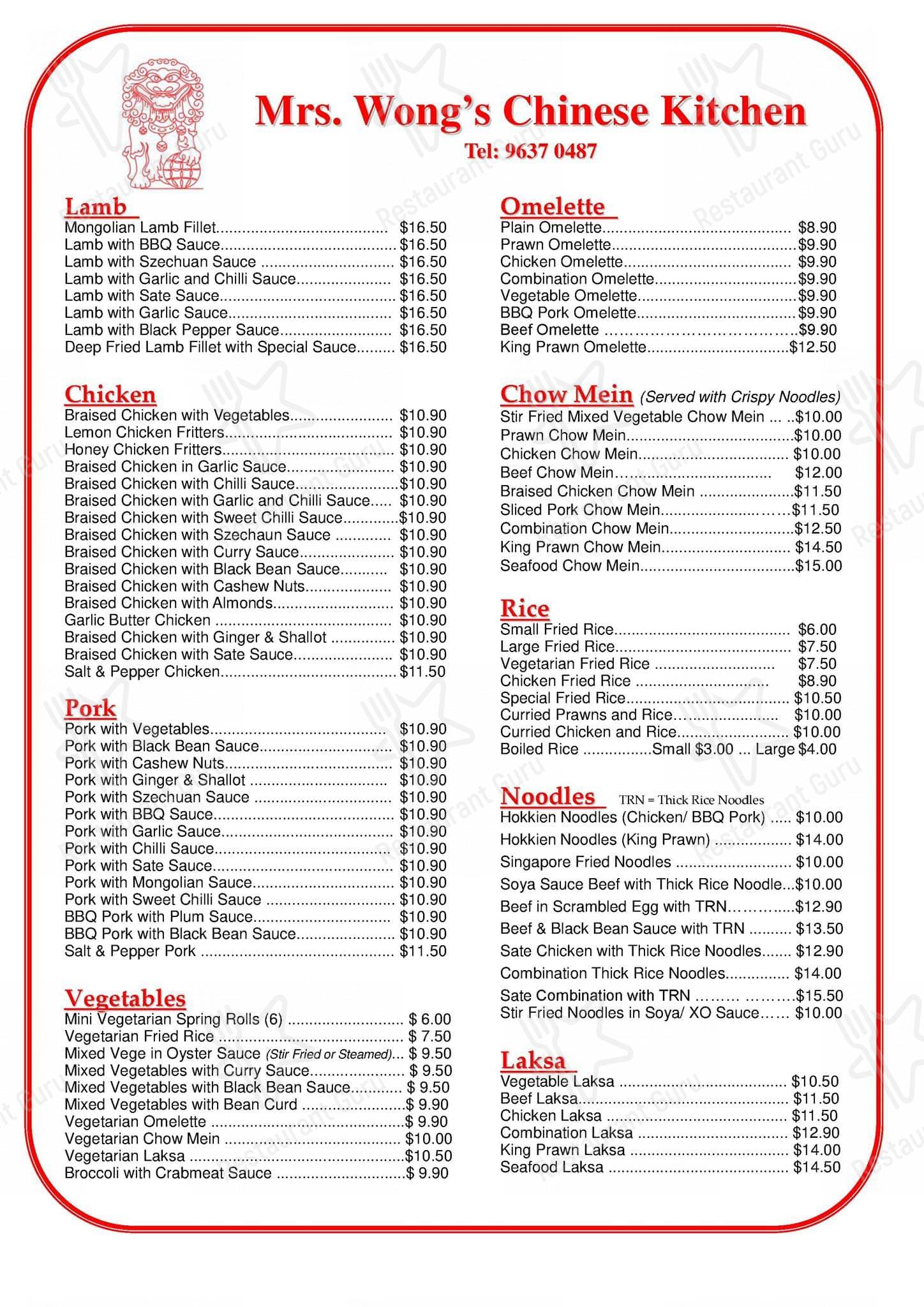 Menu at Mrs Wong's Chinese Kitchen fast food, Merrylands, McFarlane St