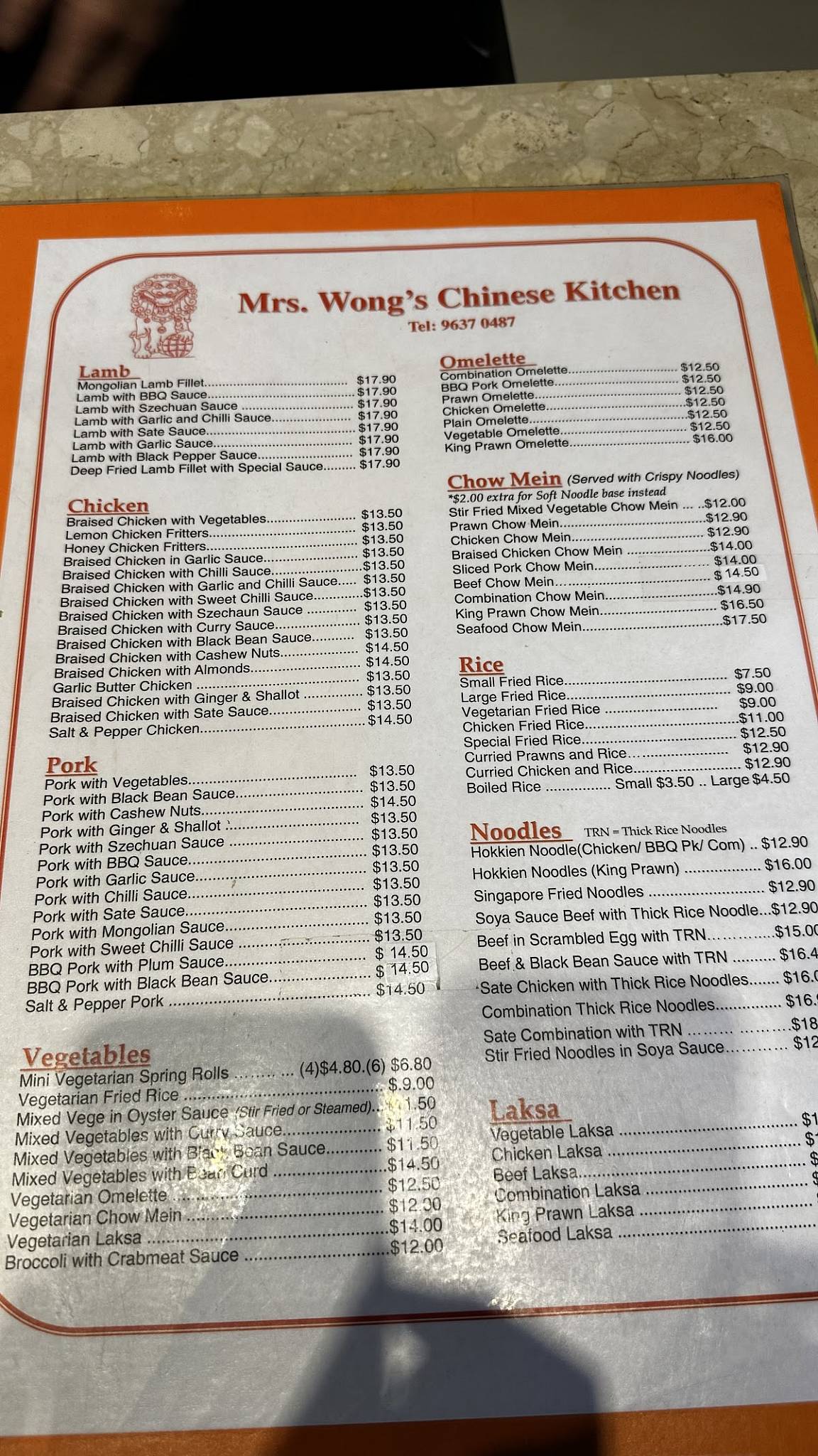 Menu at Mrs Wong's Chinese Kitchen fast food, Merrylands, McFarlane St