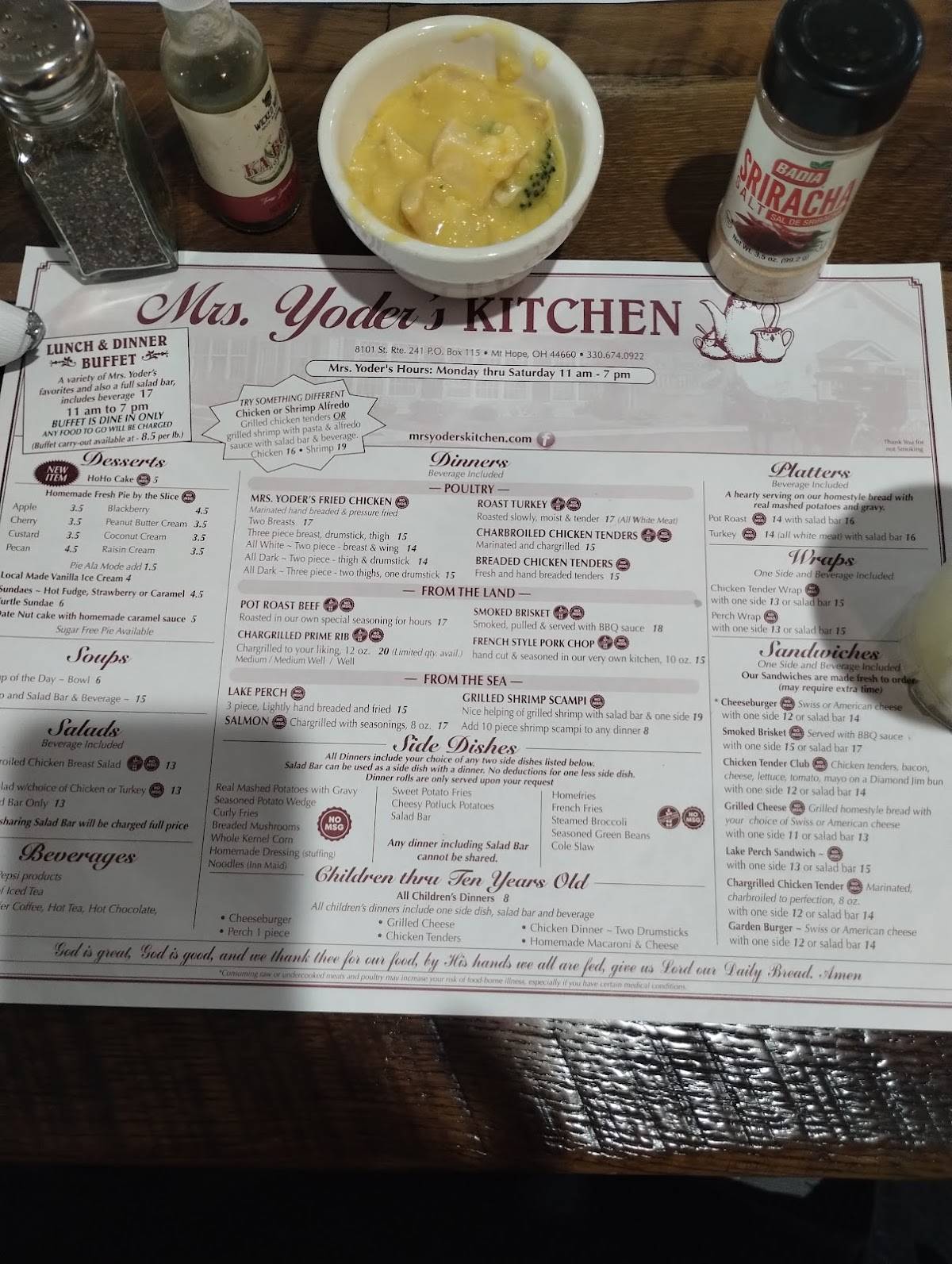 Menu at Mrs. Yoder's Kitchen restaurant, Mount Hope