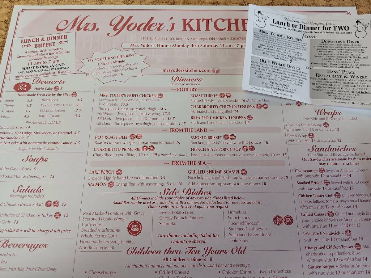 Menu at Mrs Yoders Kitchen restaurant, Mount Hope