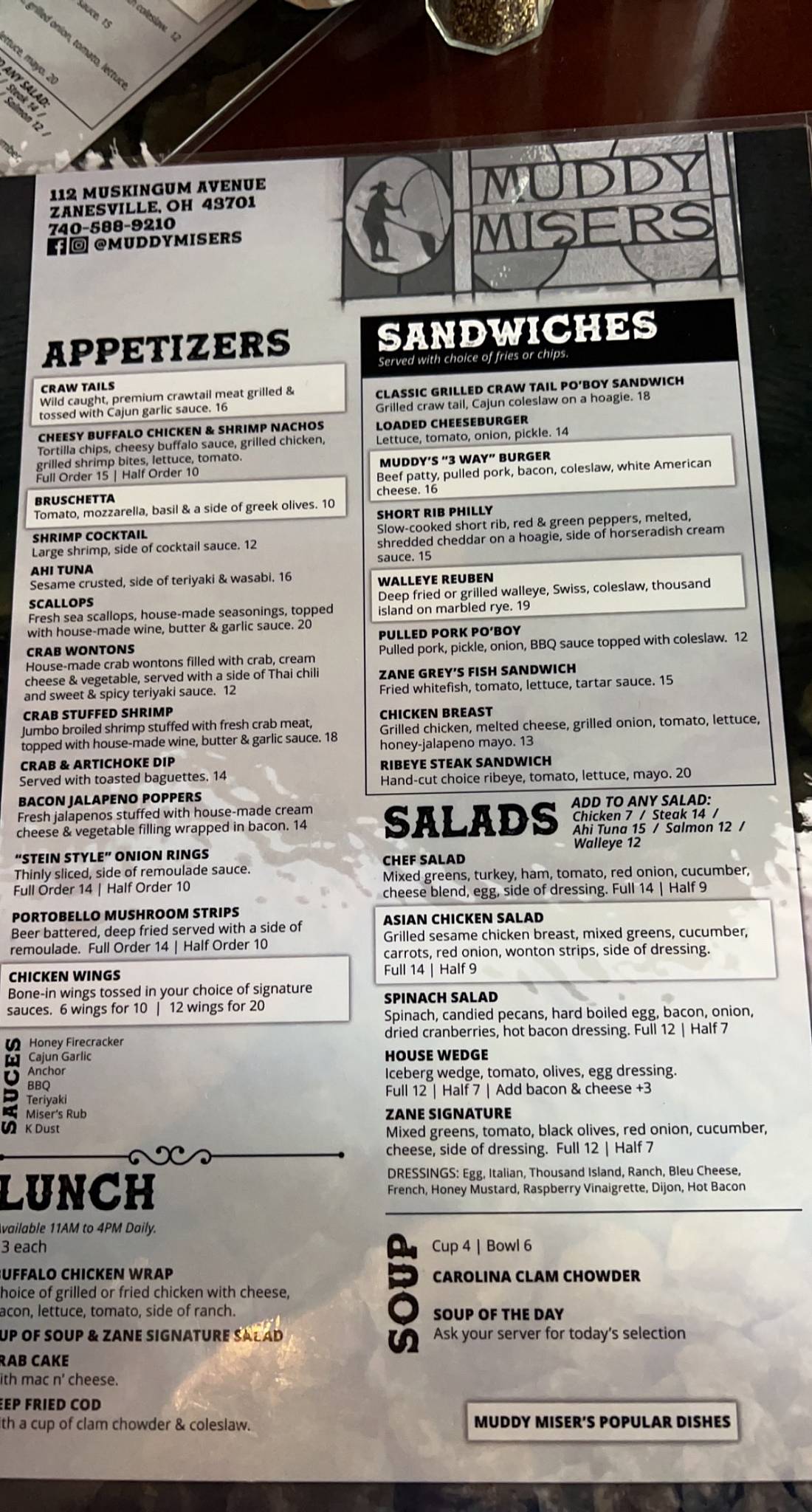 Menu at Muddy Misers Restaurant, Zanesville